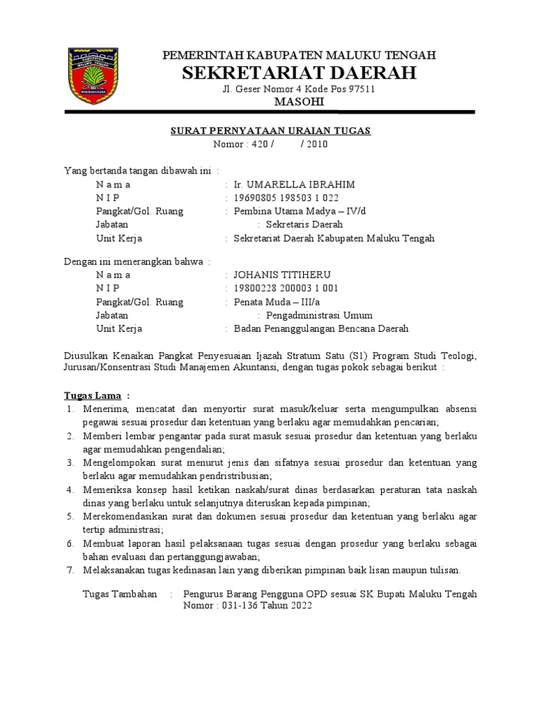 Uraian Tugas Lama Dan Baru | PDF