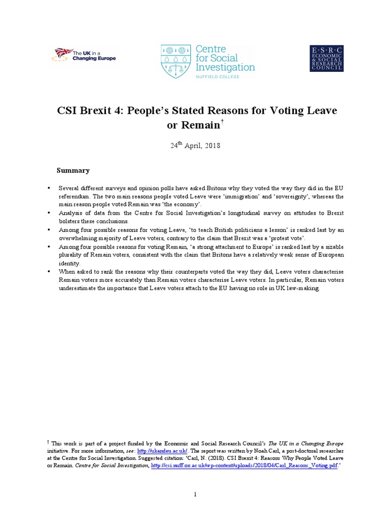 Brexit Voting Reasons Analysis | PDF | Brexit | United Kingdom