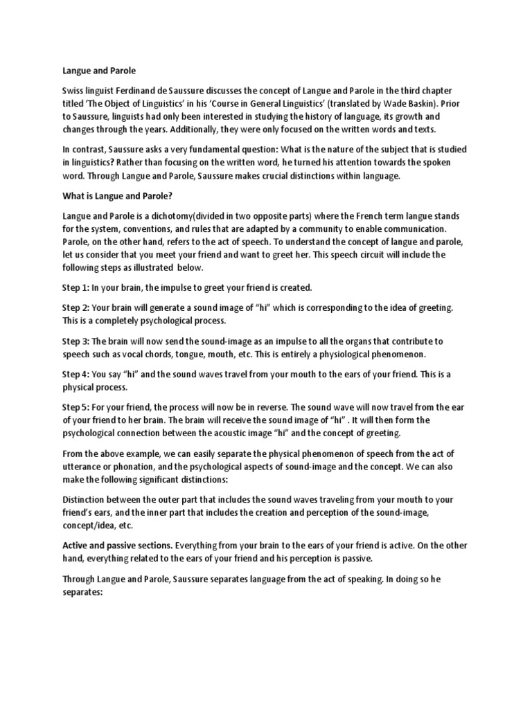 Langue and Parole in Linguistics | PDF | Communication | Cognitive Science