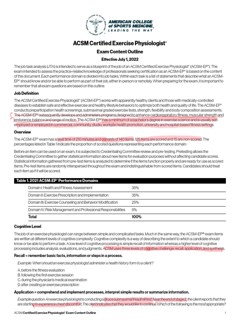 Acsm Certified Exercise Physiologist Exam Content Outline 2022 ...
