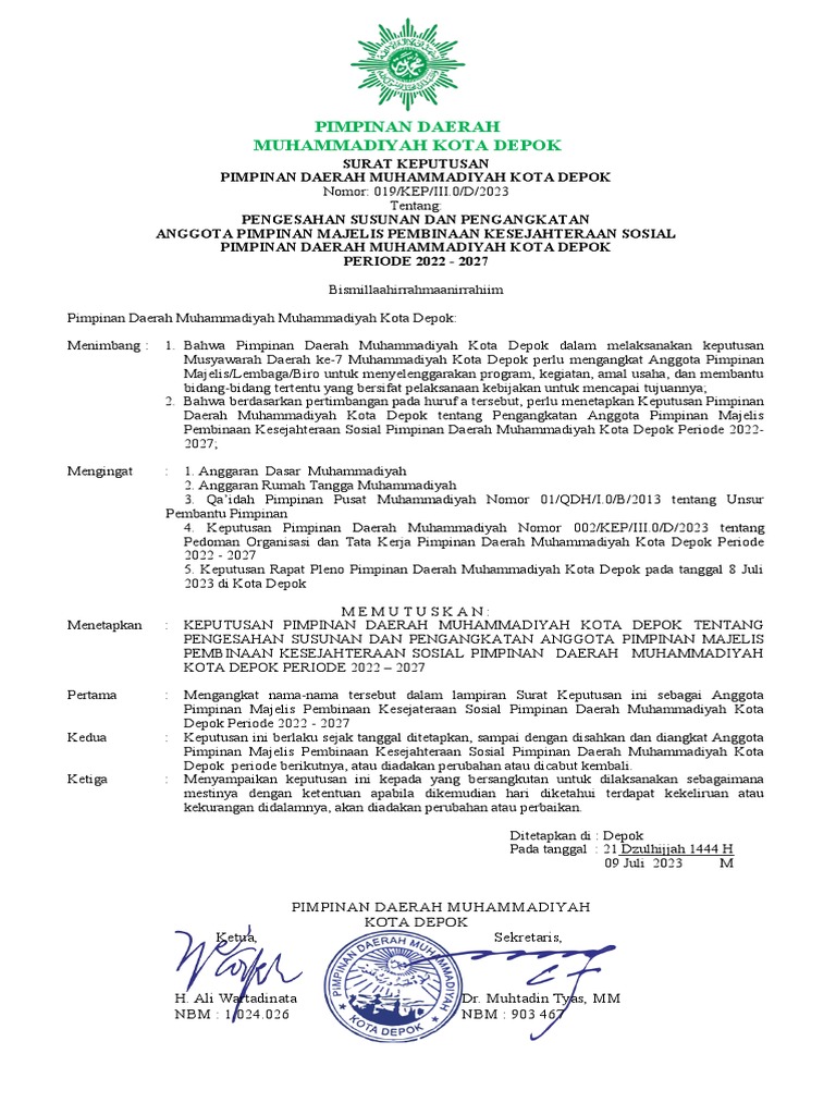 SK Nomor 019 MPKS PDM Kota Depok Periode 2022-2027 | PDF
