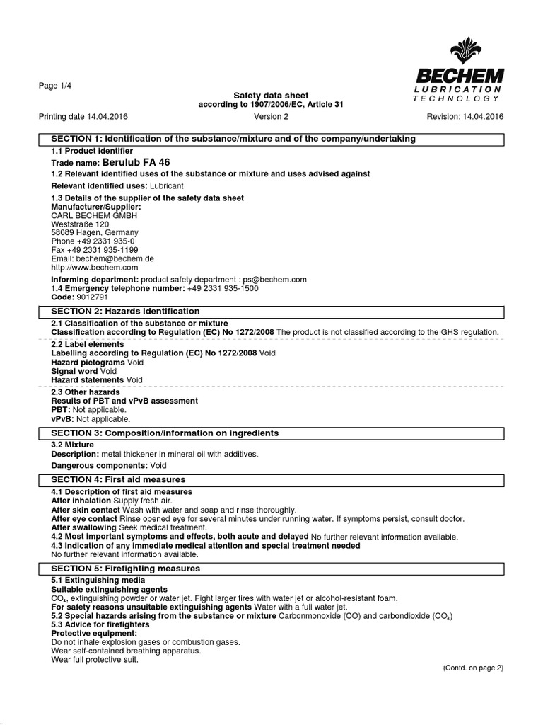 Berulub FA46 | PDF | Dangerous Goods | Toxicity