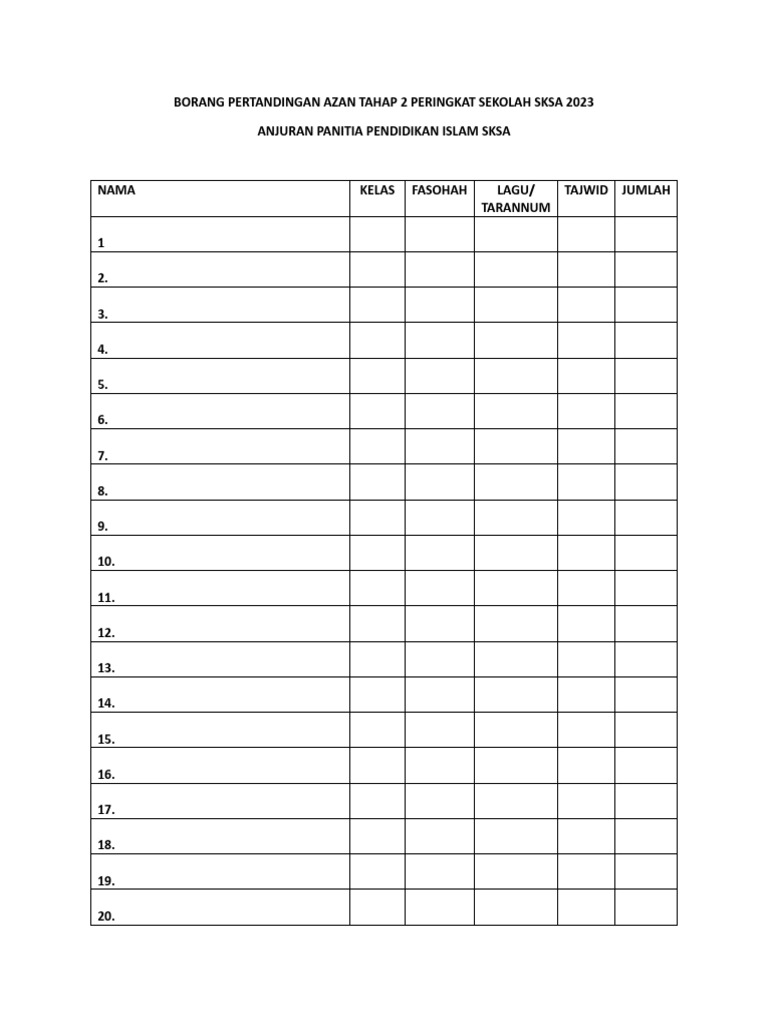 Borang Pertandingan Azan Tahap 2 Peringkat Sekolah Sksa 2023 | PDF | Seni