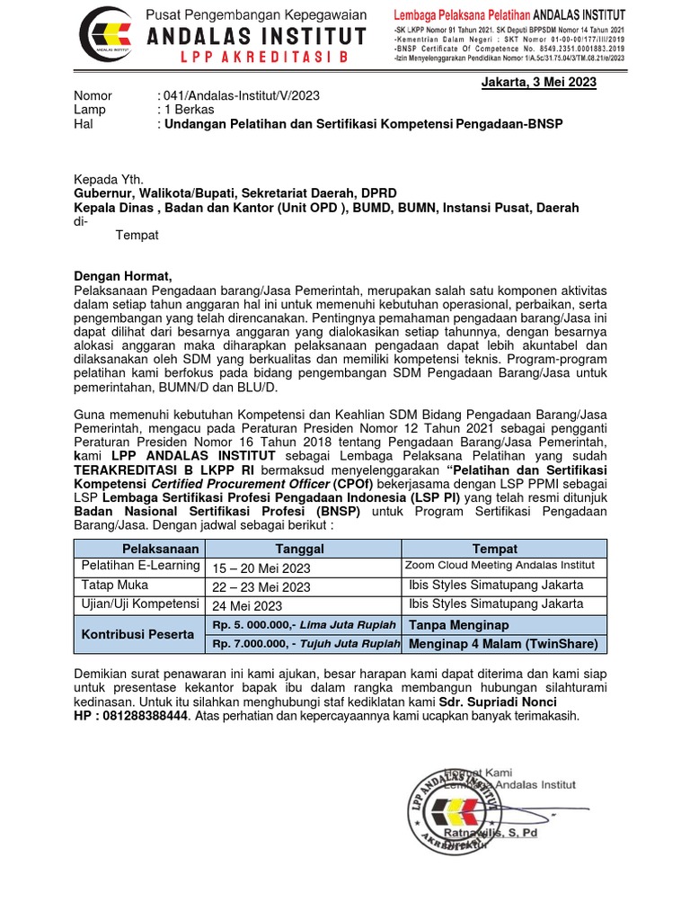 041 - Undangan Pelatihan Dan Ujian Kompetensi CPOf - Umum - Mei - Supriadi | PDF