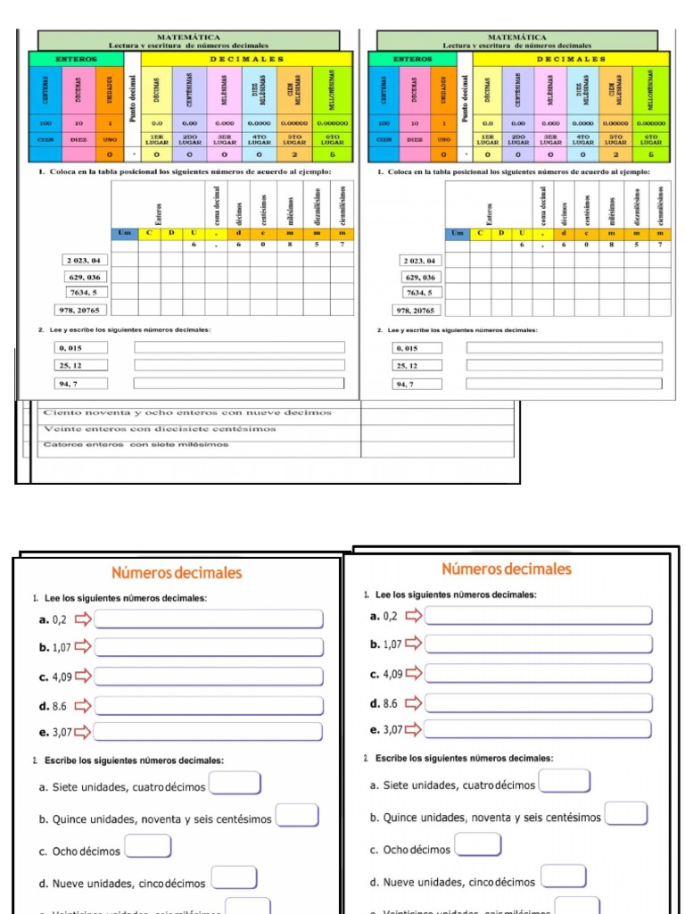 LECTURA Y ESCRITURA DE NUMEROS DECIMALES Fichas | PDF