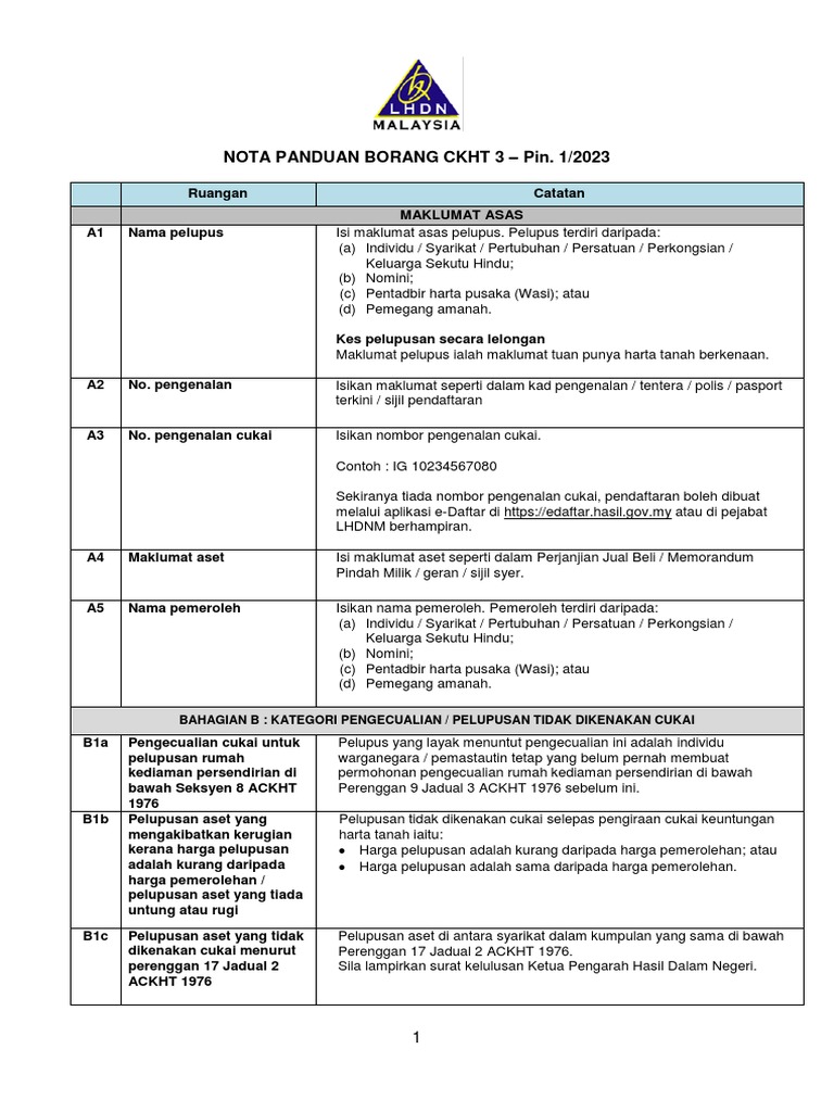 Panduan Mengisi Borang CKHT 3 Pin 1 2023 | PDF