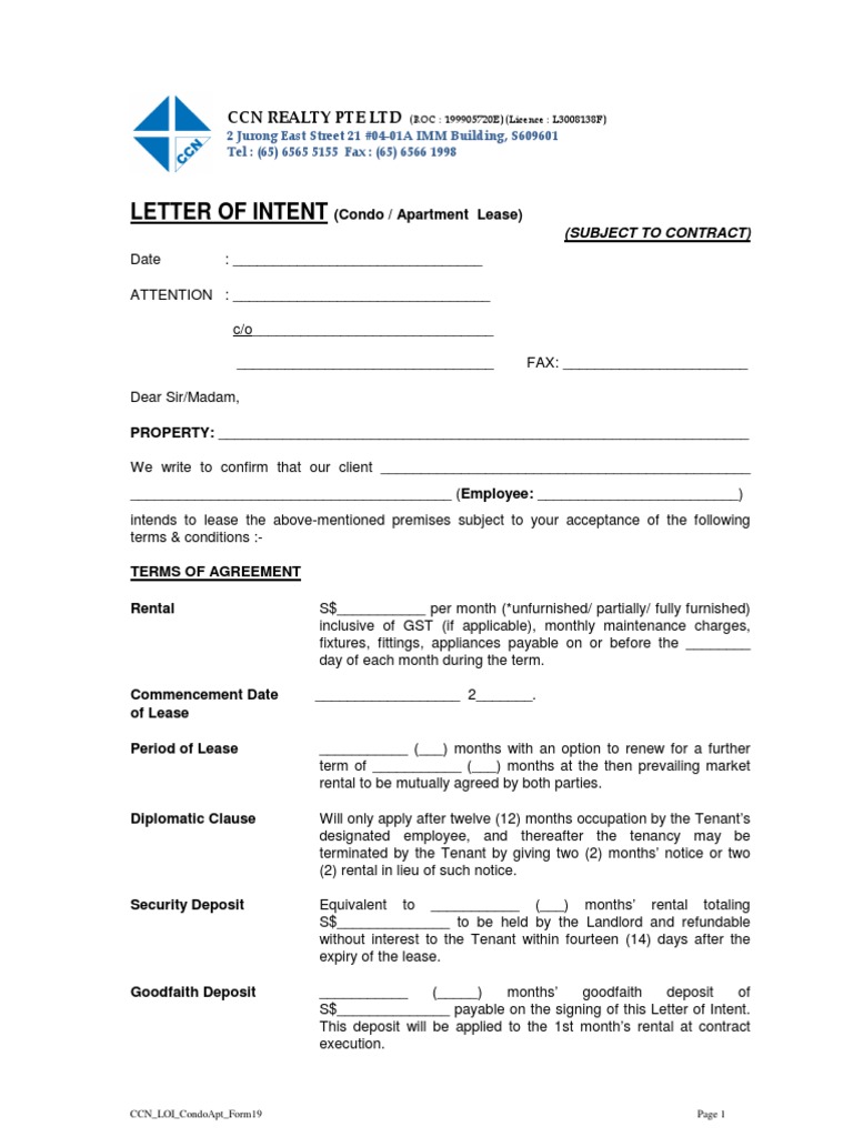 Condo Apartment Lease Letter of Intent | PDF | Lease | Leasehold Estate