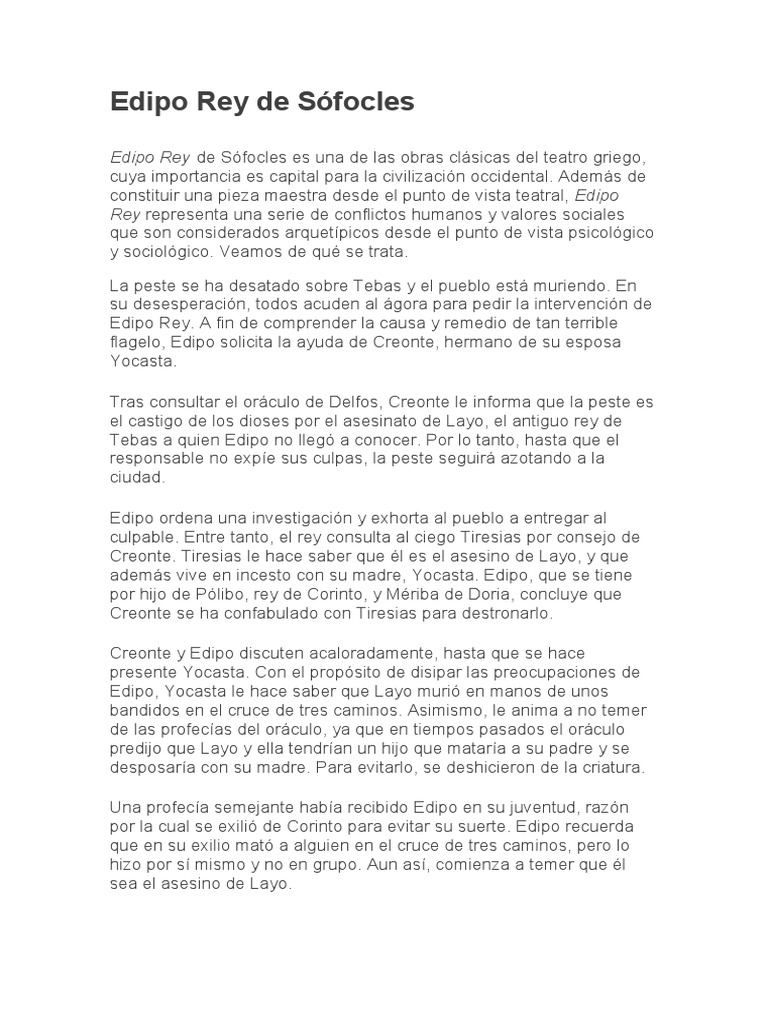 Resumen Edipo Rey - Obra | PDF | Edipo | Sófocles