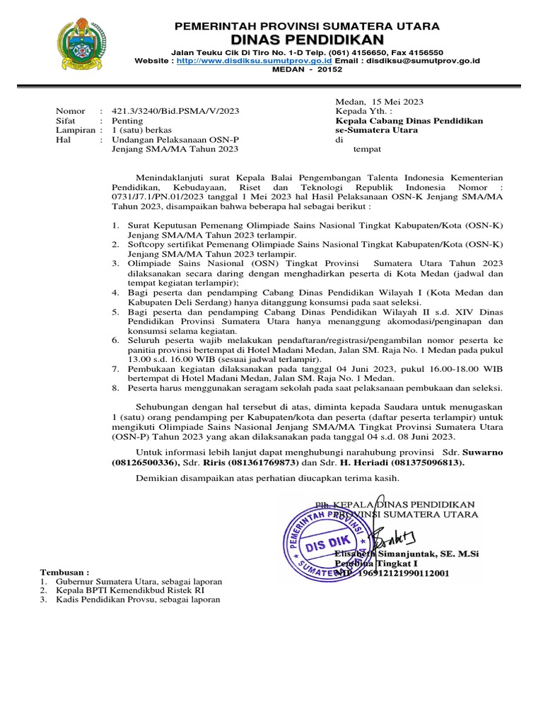 Surat Undangan Pelaksanaan OSN-P 2023 | PDF