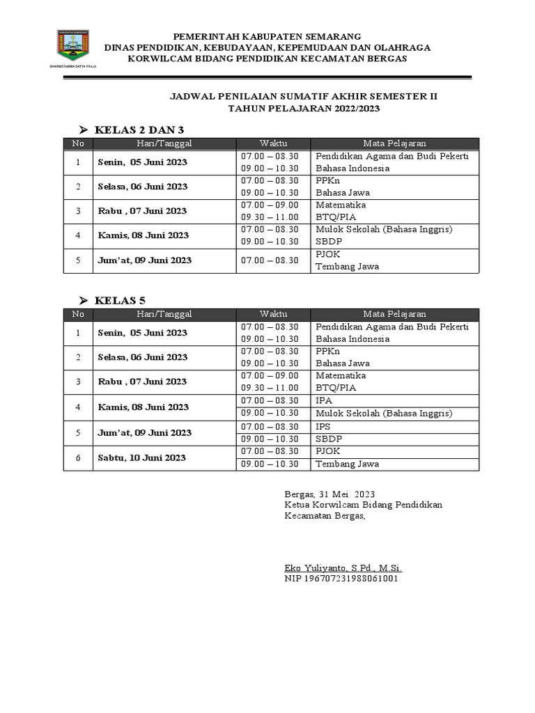 Jadwal Penilaian Sumatif | PDF