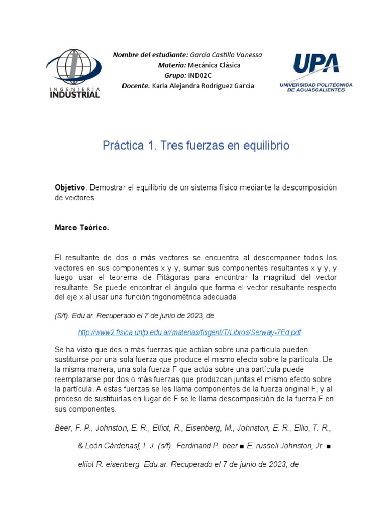 Practica Fuerzas de Equilibrio | PDF | Vector Euclidiano | Fuerza