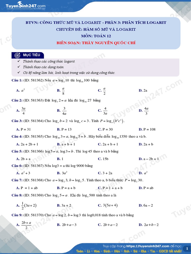 7 Btvn Cong Thuc Mu Va Logarit Phan 3 Phan Tich Logarit | PDF