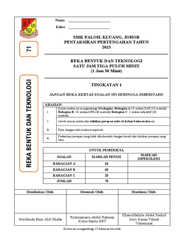 Pentaksiran Pertengahan Tahun - RBT Tingkatan 1 | PDF