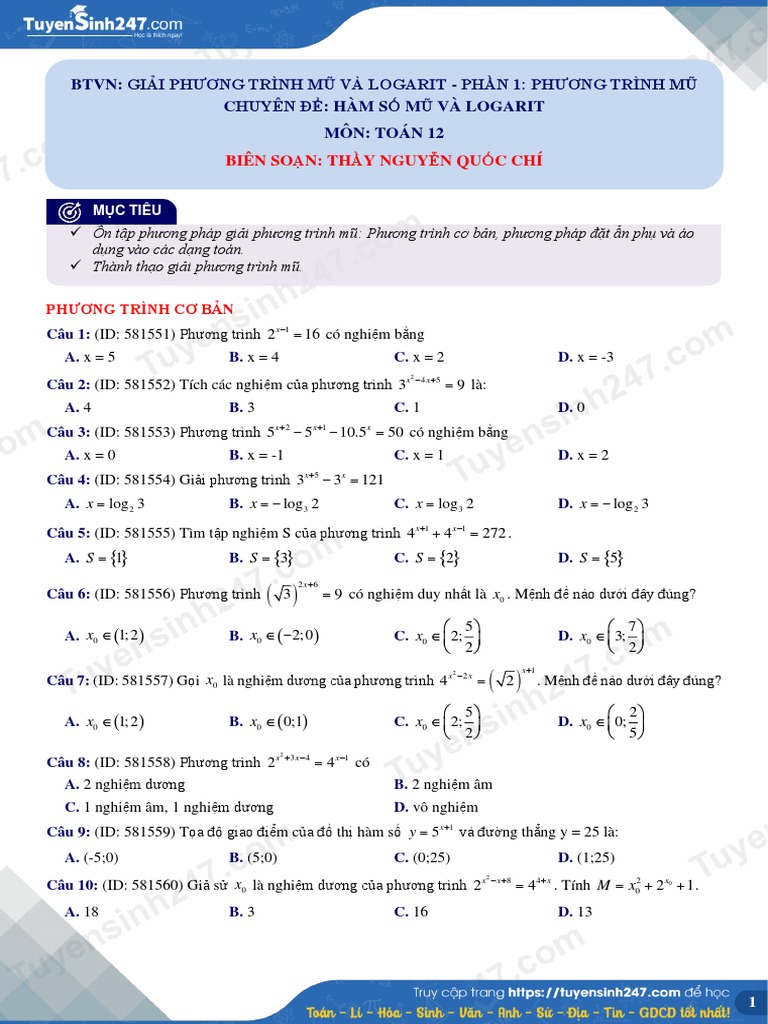 9 BTVN Giai Phuong Trinh Mu Va Logarit Phan 1 Phuong Trinh Mu | PDF