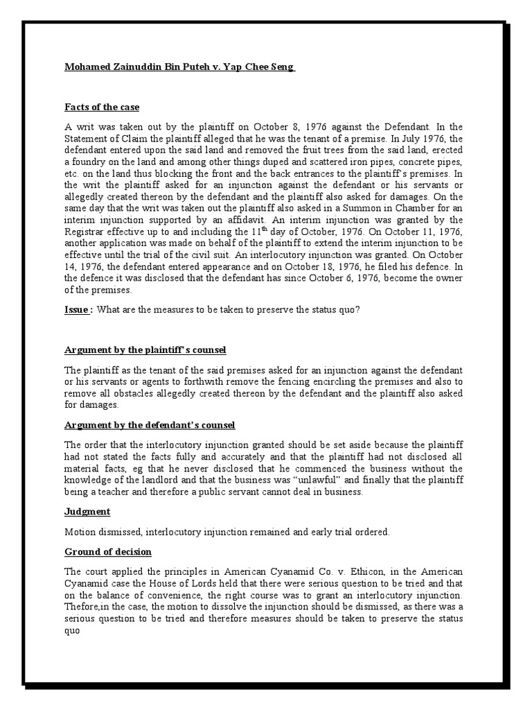 Mohamed Zainuddin Bin Puteh V Yap Chee Seng | PDF | Injunction | Legal ...