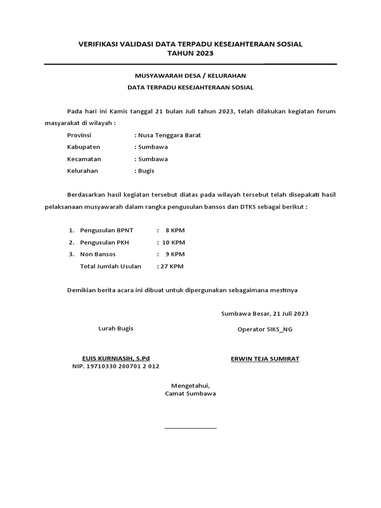 Berita Acara Usulan DTKS 2022 | PDF