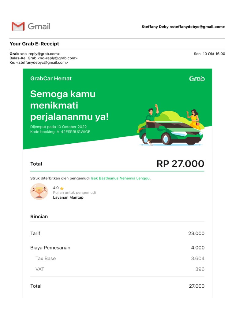 E-Receipt GrabCar Hemat 10 Oktober 2022 | PDF