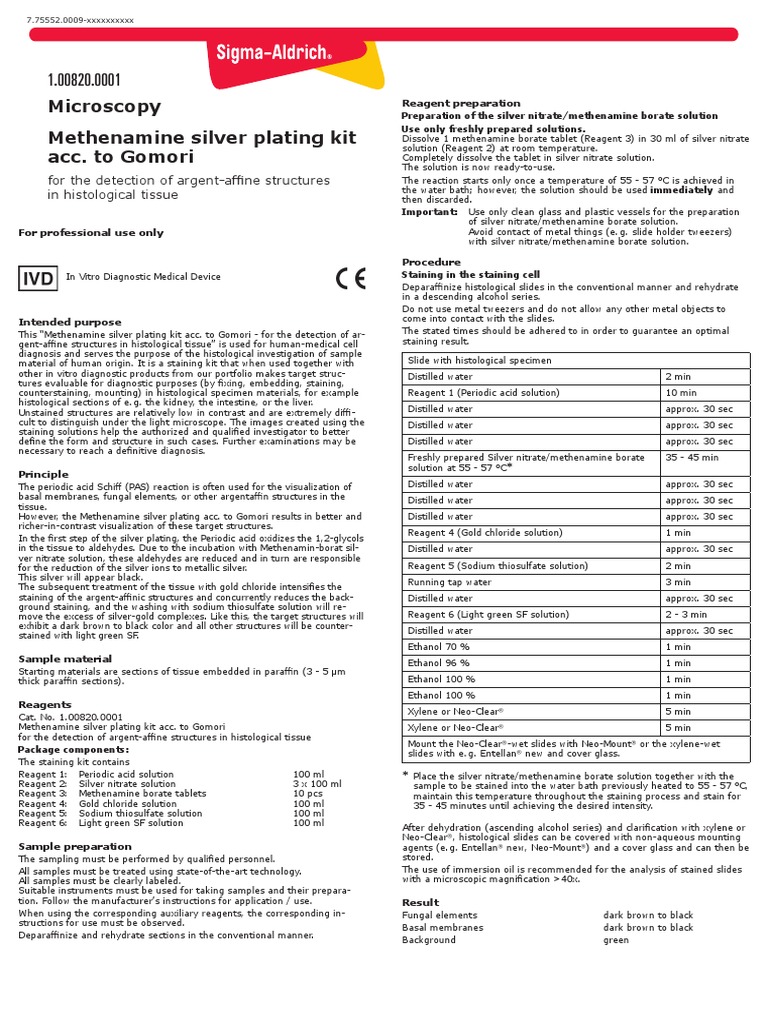 Methenamine Silver Plating Kit | PDF | Staining | Histology