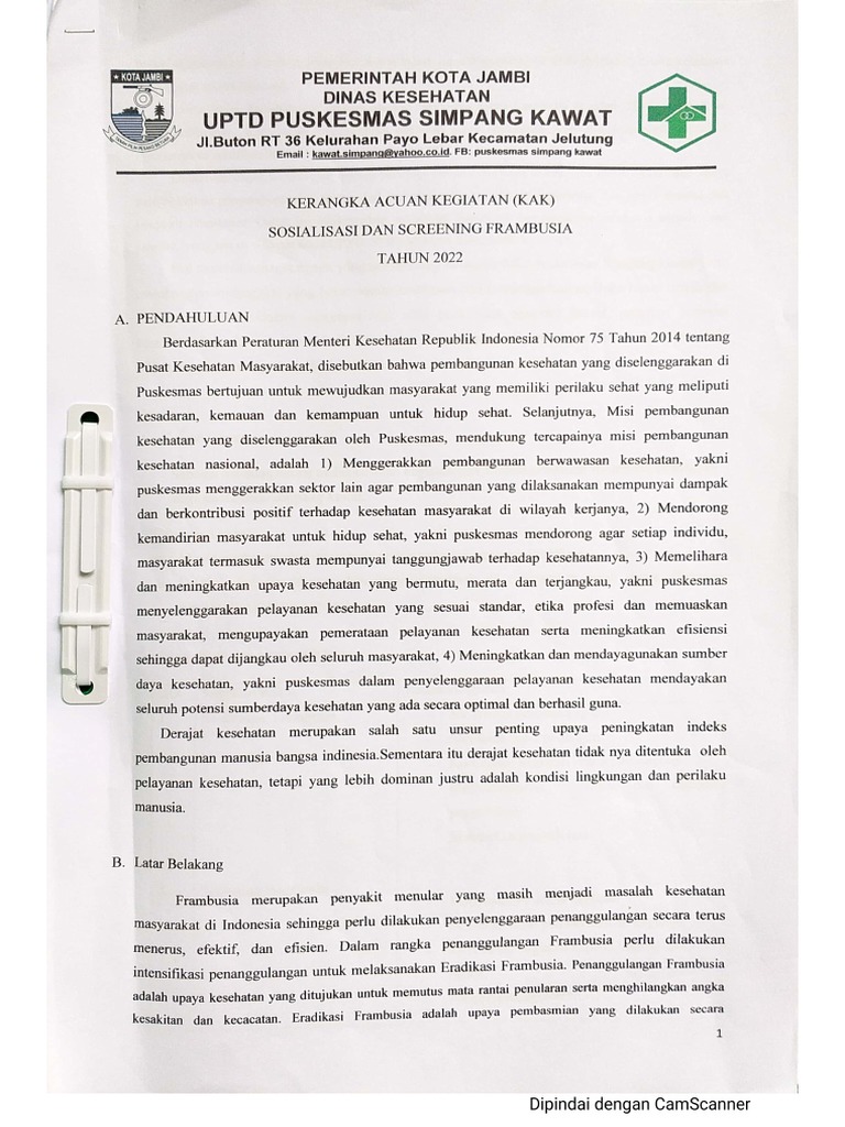 Kerangka Acuan Kegiatan Frambusia Puskesmas Simpang Kawat | PDF Kerangka Acuan Kegiatan Frambusia Puskesmas Simpang Kawat | PDF