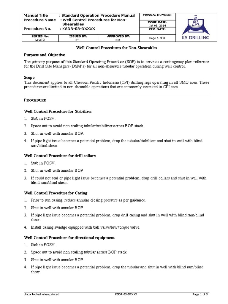 Well Control SOP for Non-Shearables | PDF