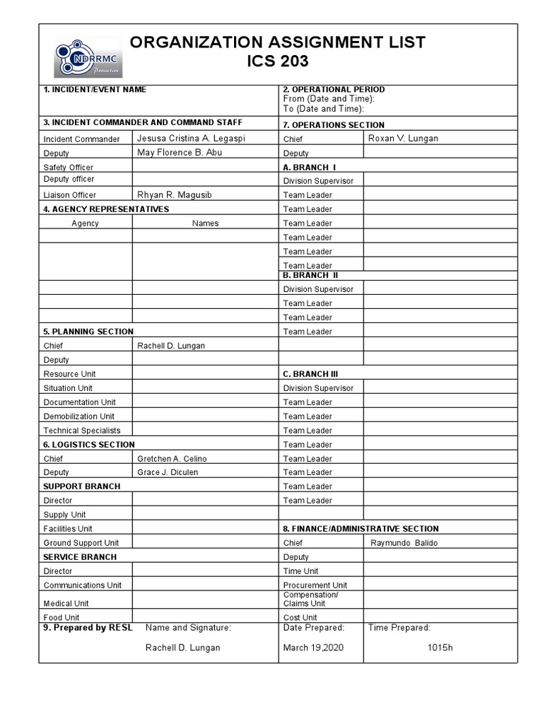 Ics Form 203 - Org Assignment List | PDF | Business