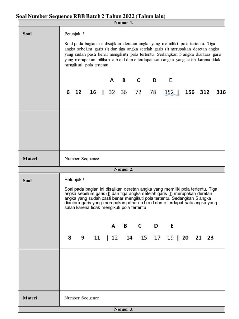 Soal Number Sequence RBB 2022 | PDF
