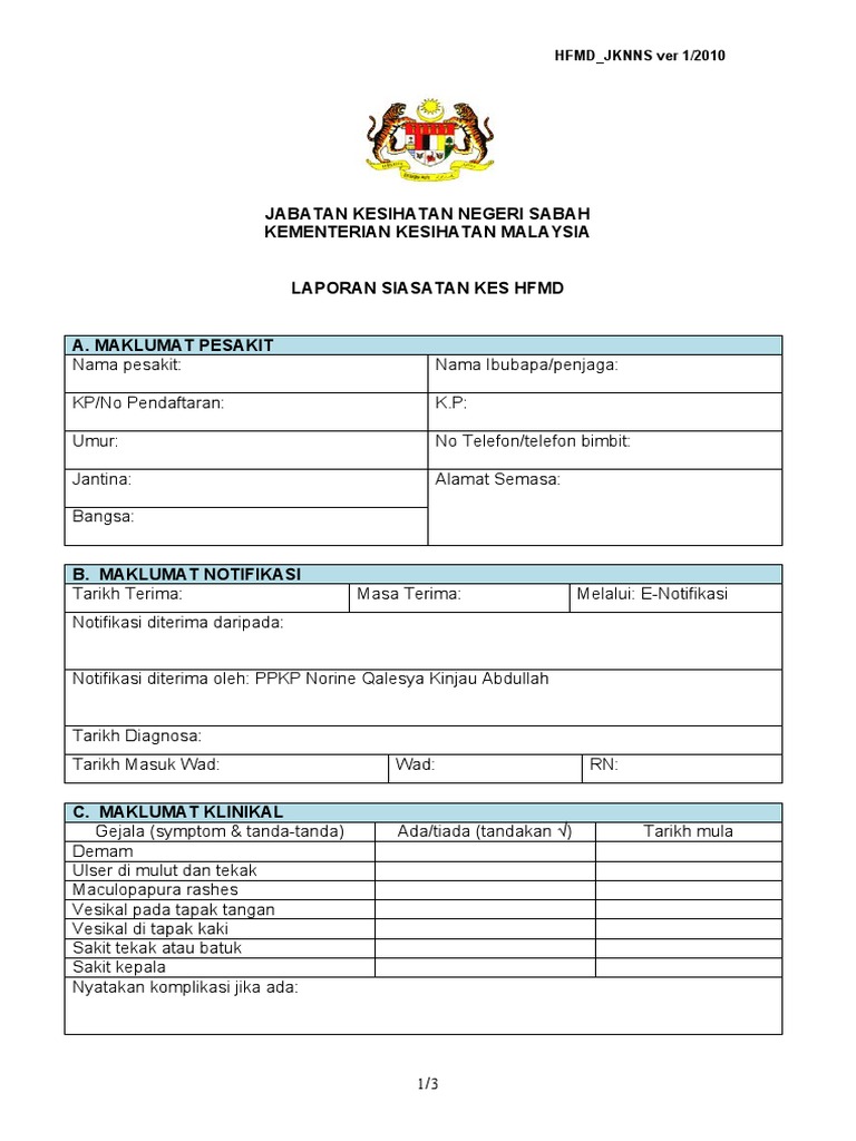 Borang Siasatan HFMD Template | PDF