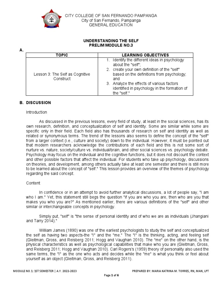 Module #3 - The Self As Cognitive Construct | PDF | Self Concept | Self Esteem