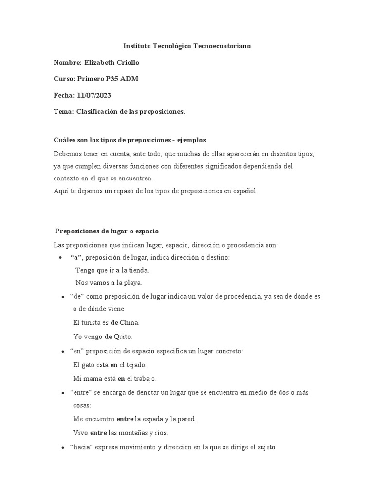 Cuáles Son Los Tipos de Preposiciones | PDF | Preposición y Postposición