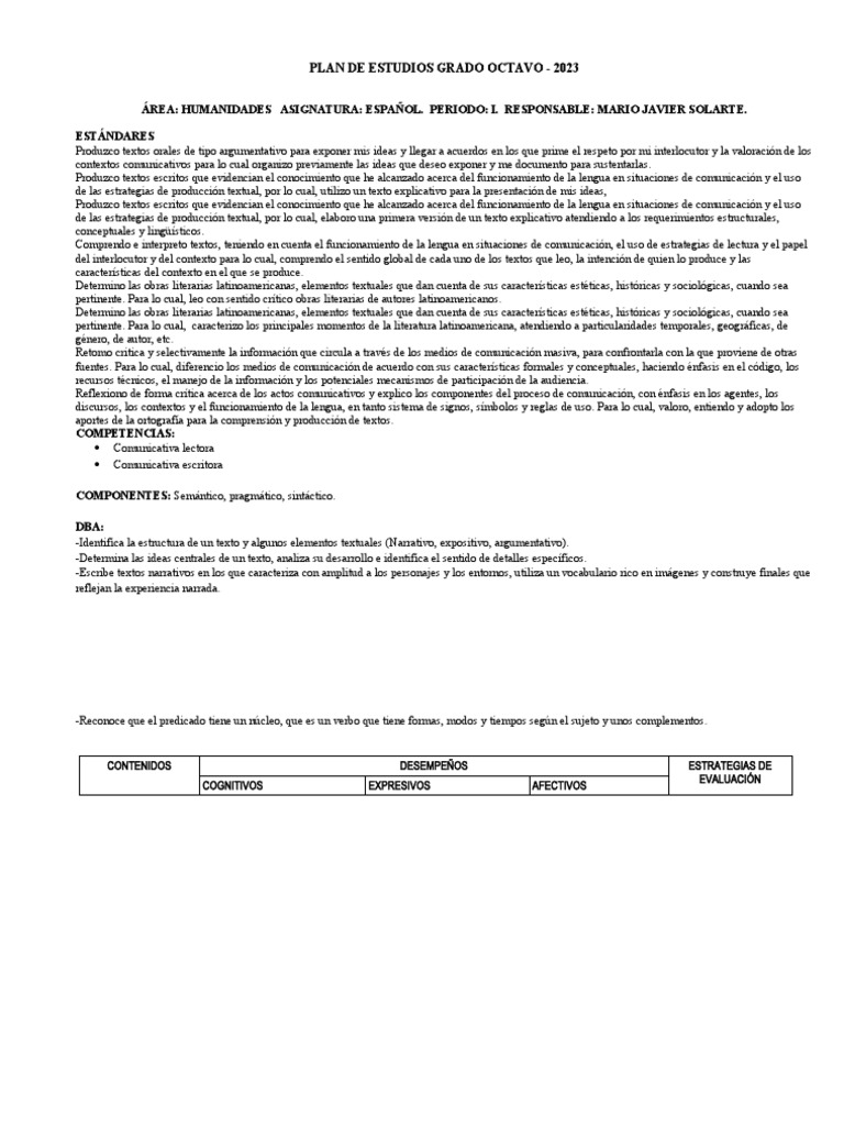 8 Plan de Estudios Grado Octavo 8 Lenguaje 2023 | PDF | Comunicación ...