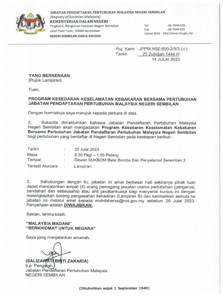 Surat Jemputan Program Kesedaran Keselamatan Kebakaran Bersama ...