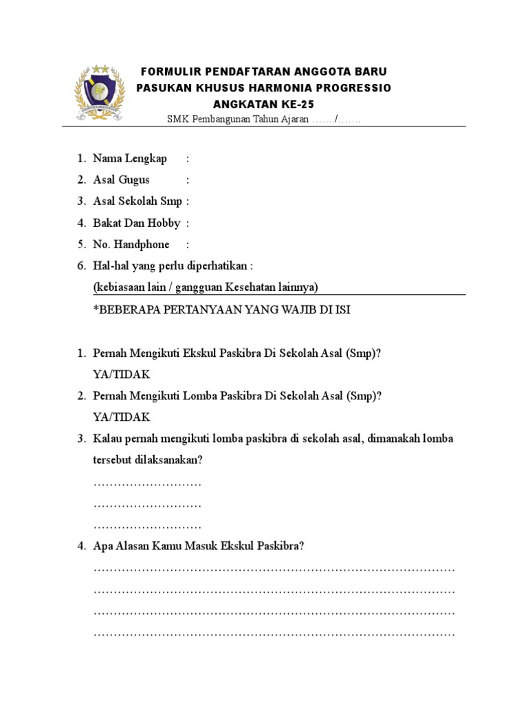 Formulir Pendaftaran Anggota Baru | PDF