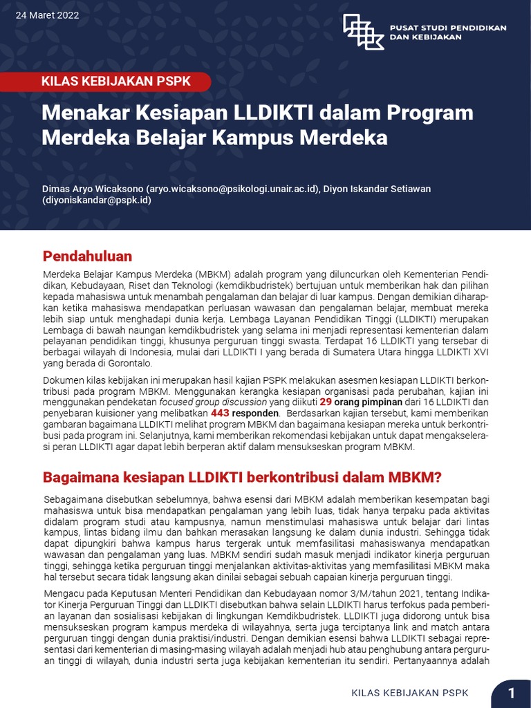Kilas Kebijakan PSPK Menakar Kesiapan LLDIKTI Dalam Program Merdeka Belajar Kampus Merdeka | PDF