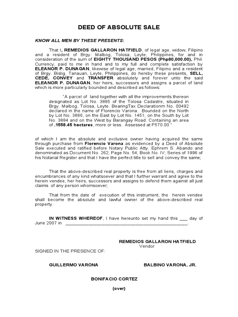 DEED of ABSOLUTE SALE - Tax Declaration and Previous Deed | PDF | Deed ...