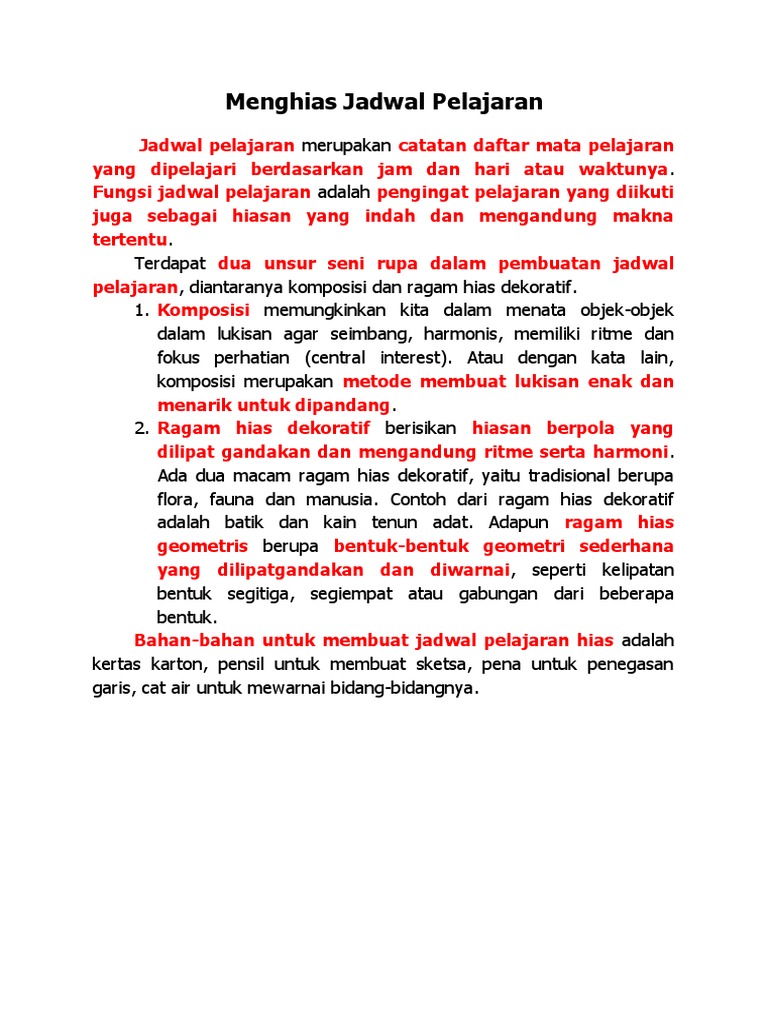 D05 Rangkuman Seni 05 Menghias Jadwal Pelajaran | PDF