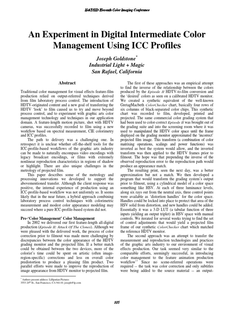 An Experiment in Digital Intermediate Color Management Using ICC ...