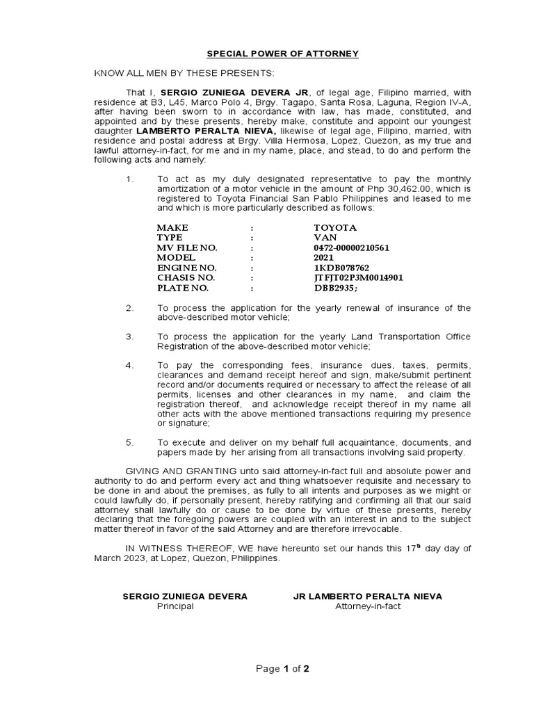 SPA - Motor Vehicle (Pasalo) | PDF | Power Of Attorney | Common Law