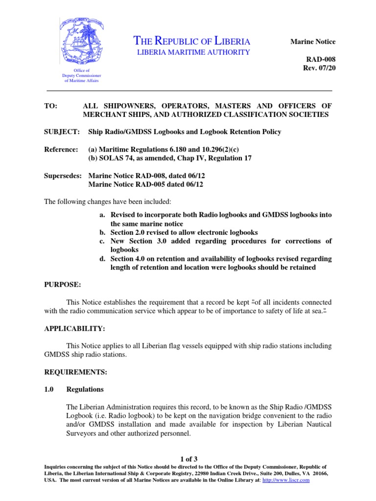 GMDSS Logbook Retention Guidelines | PDF