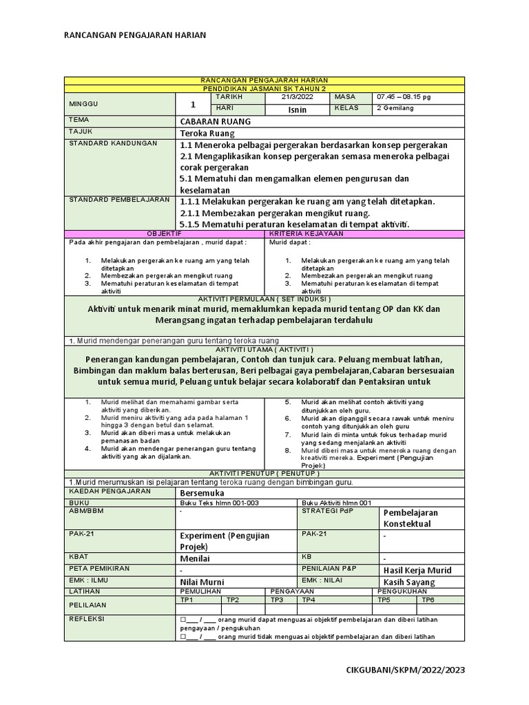 RPH Minggu 1 PJ THN 2 by Cikgu Gorgeous | PDF | Karier & Perkembangan