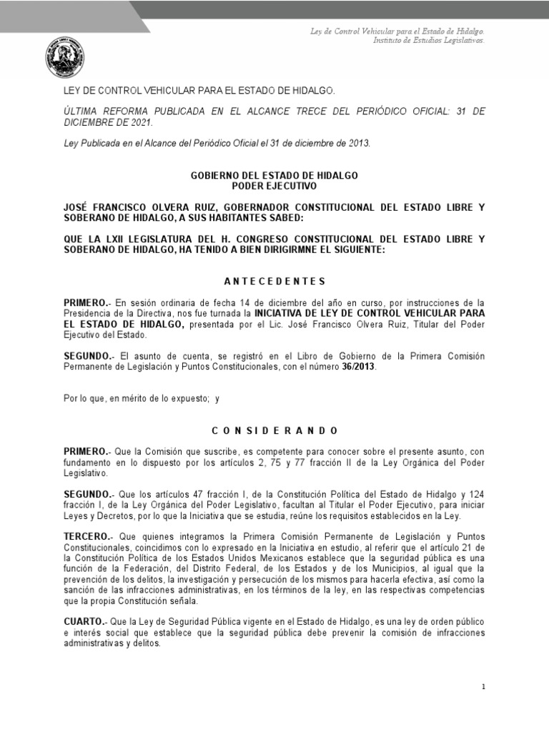 Ley de Control Vehicular para El Estado de Hidalgo | PDF