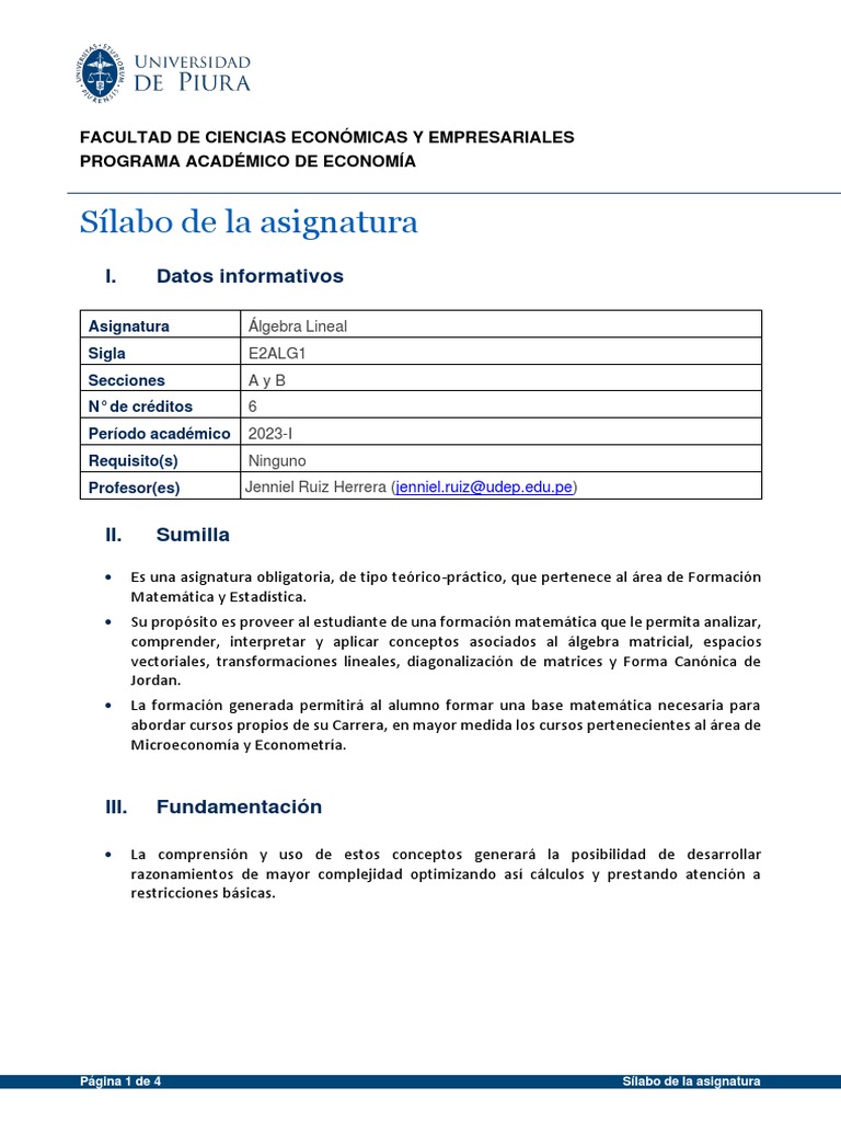 E1ALG1 2023-1 Sílabo | PDF