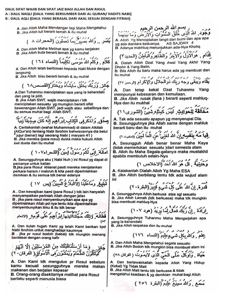 DALIL SIFAT WAJIB DAN SIFAT JAIZ BAGI ALLAH DAN RASUL | PDF