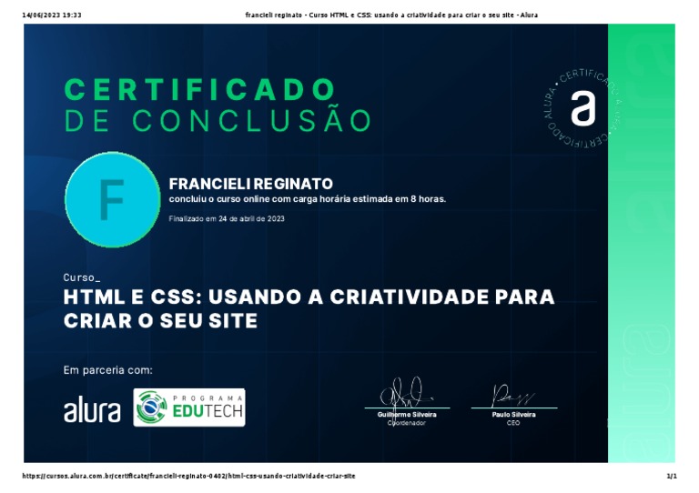 Francieli Reginato - Curso HTML e CSS - Usando A Criatividade para Criar o Seu Site - Alura | PDF