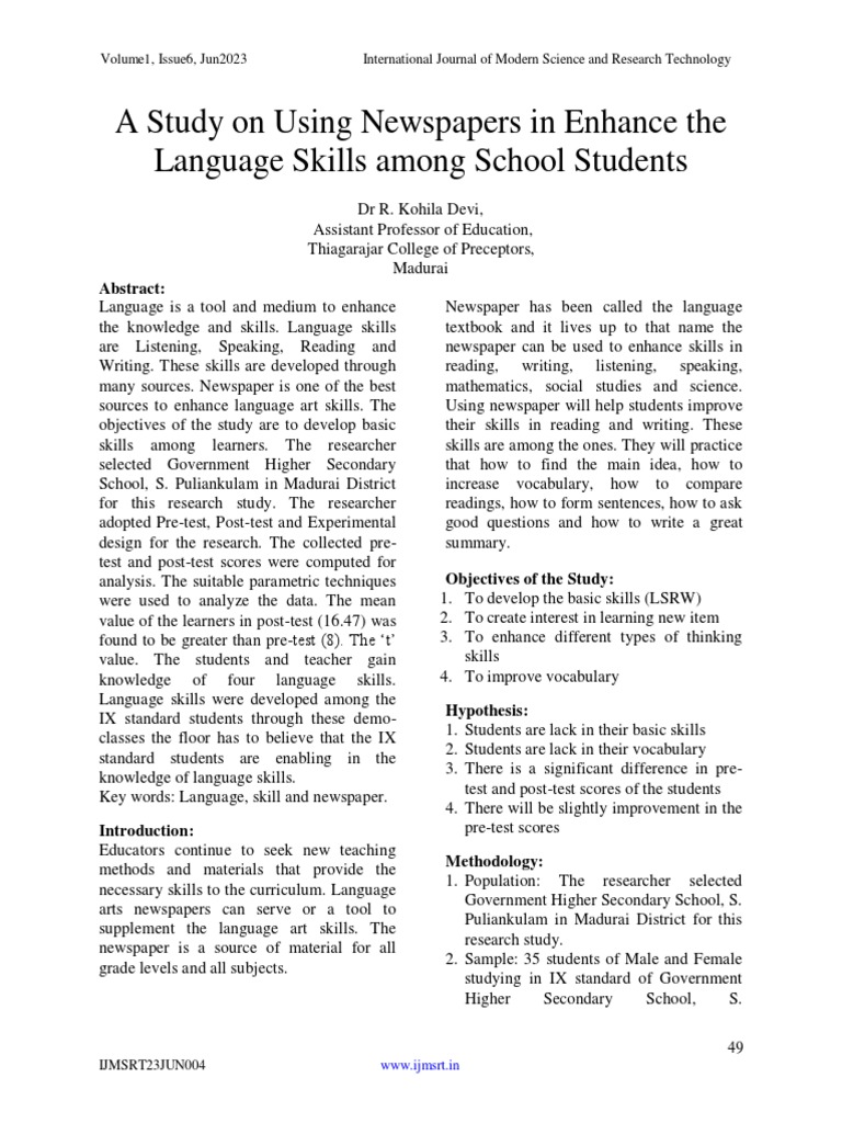 A Study On Using Newspapers in Enhance The Language Skills Among School ...