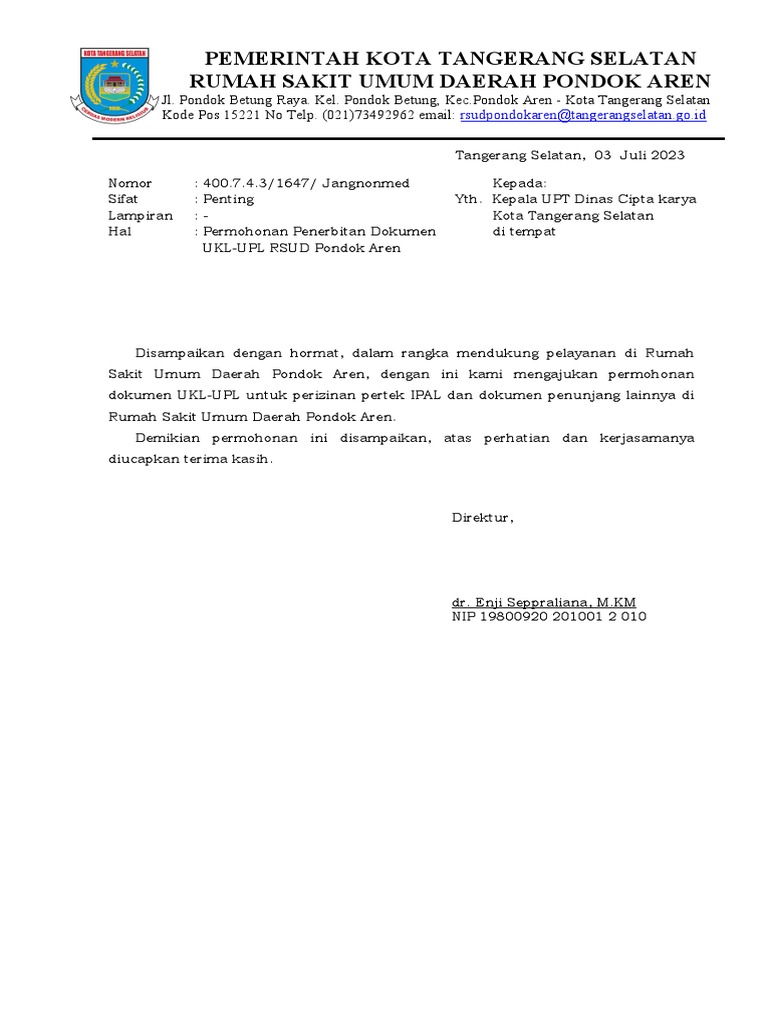 Baru RSUDPA - SURAT PERMOHONAN Penerbitan Dokmen UKL-UPL | PDF