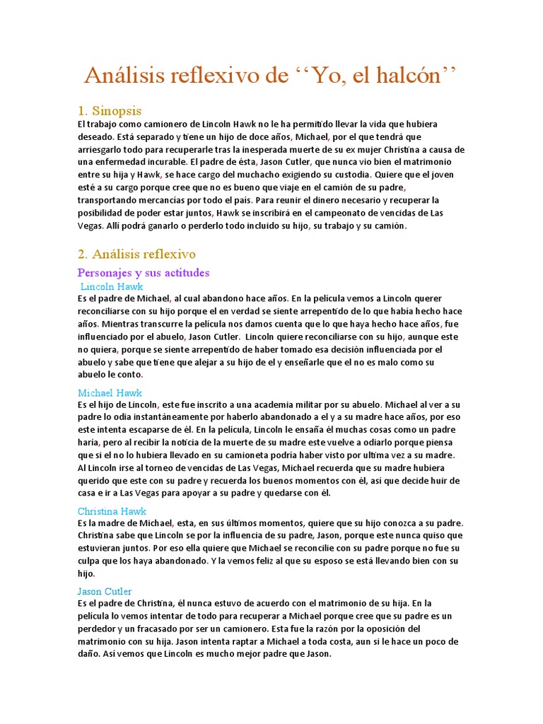 Análisis Reflexivo de "Yo, El Halcón" | PDF