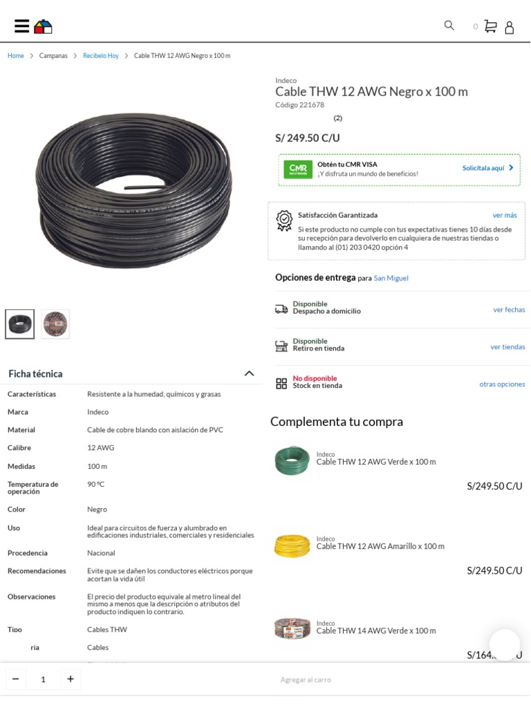 Cable THW 12 AWG Negro X 100 M - Sodimac - Com.pe | PDF