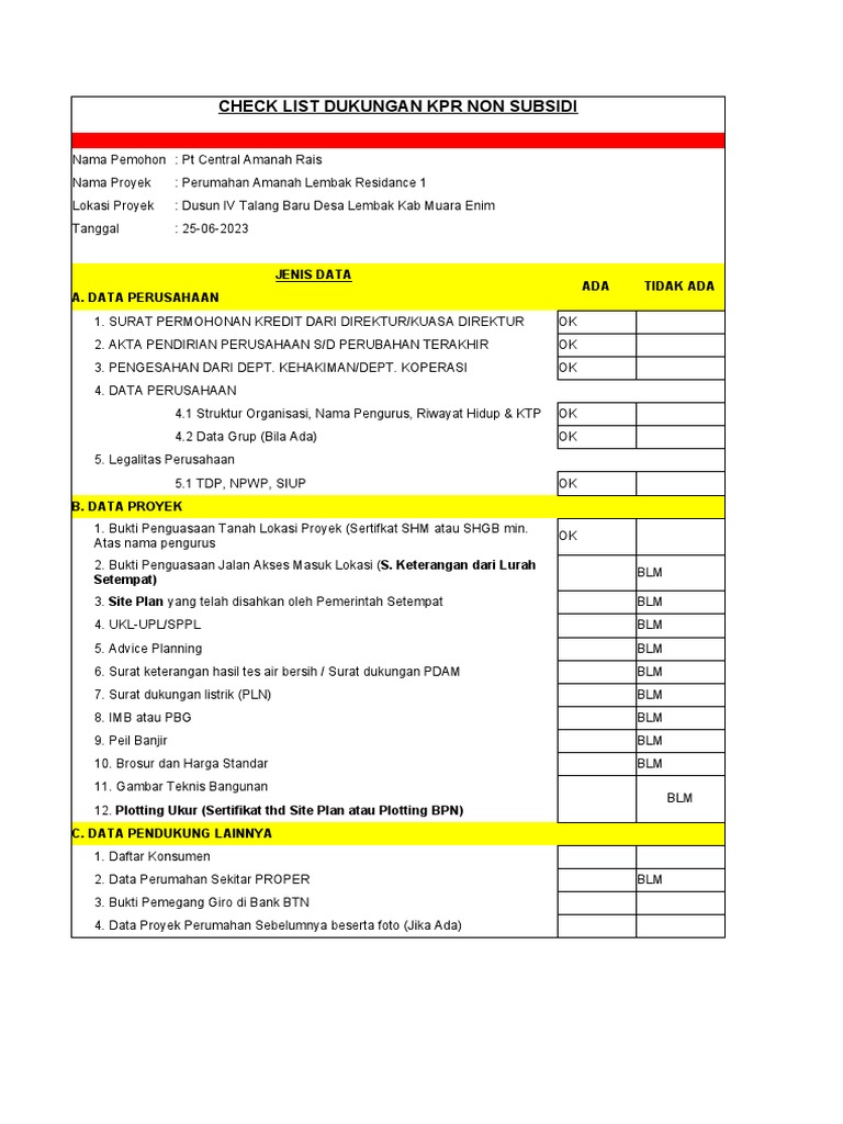 Checklist Dukungan KPR - Non Subsidi | PDF