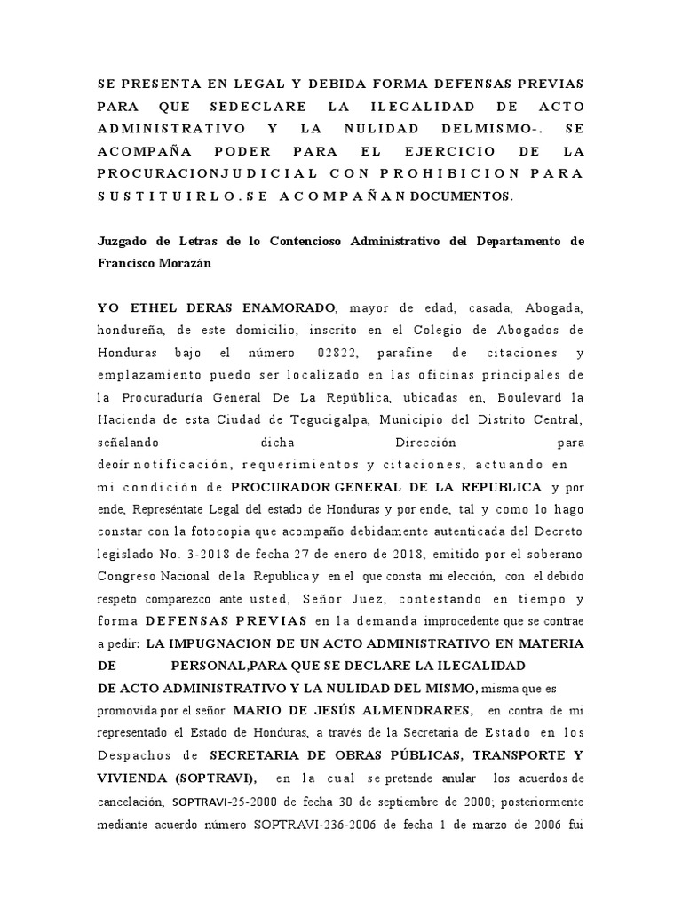 Escrito De Defensas Previas Pdf Honduras Demanda Judicial