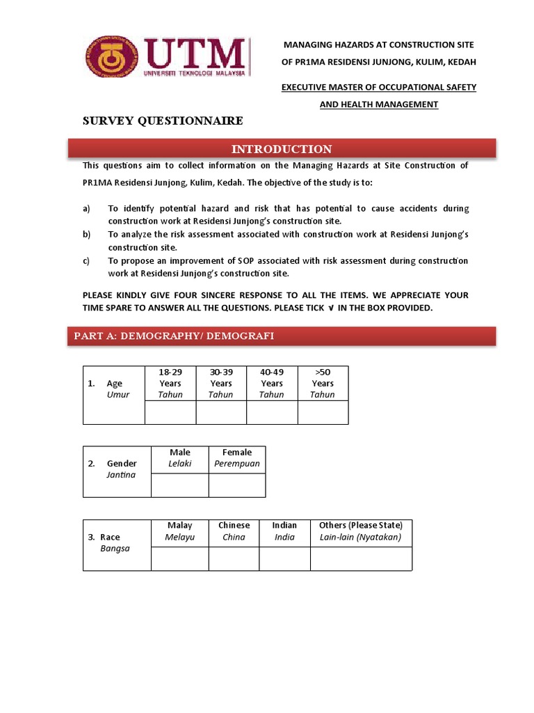 SURVEY QUESTIONNAIRE MP2 Edit 2 | PDF | Hazards | Risk